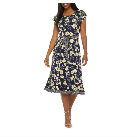 Perceptions | Dresses | Perceptions Navy Blue Yellow Floral Midi Dress ...